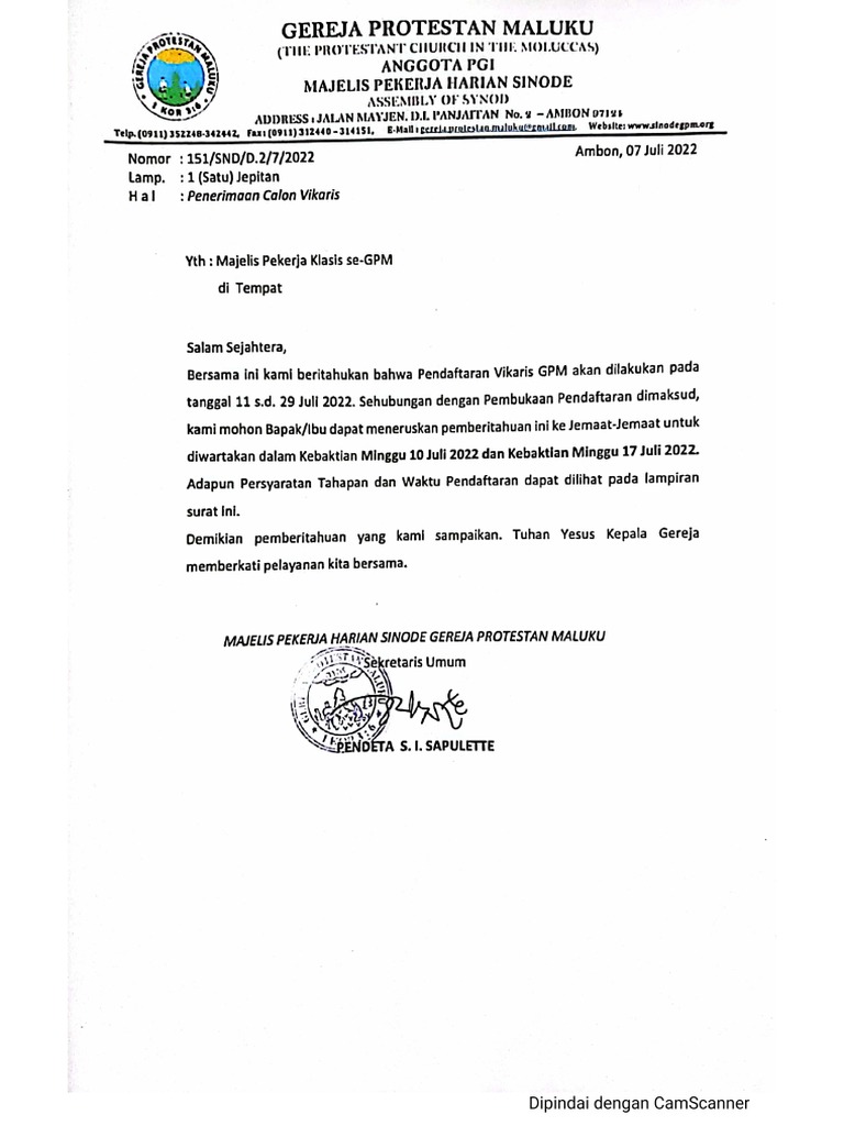 Surat Pemberitahuan Penerimaan Vikaris GPM Tahun 2022 | PDF
