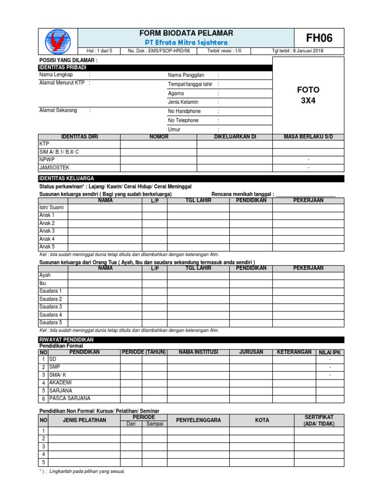 Form Biodata Pelamar PT EMS | PDF
