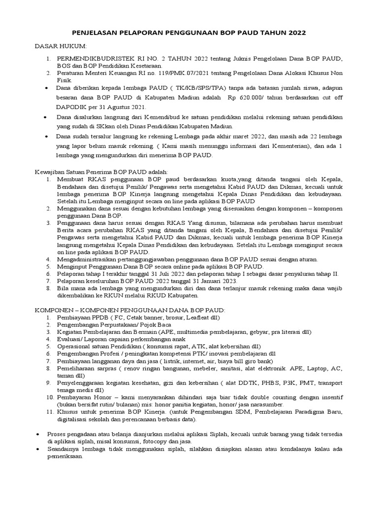 Penjelasan Pelaporan Penggunaan Bop Paud Tahun 2022 | PDF
