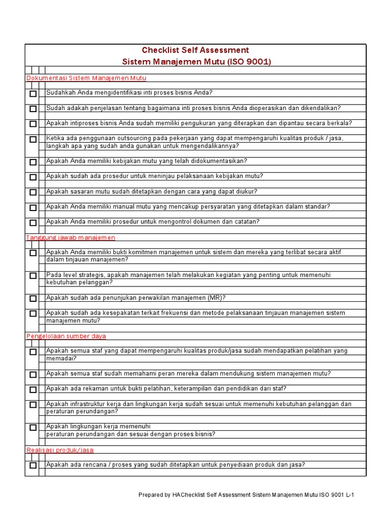 Checklist Self Assessment SMM ISO 9001 | PDF