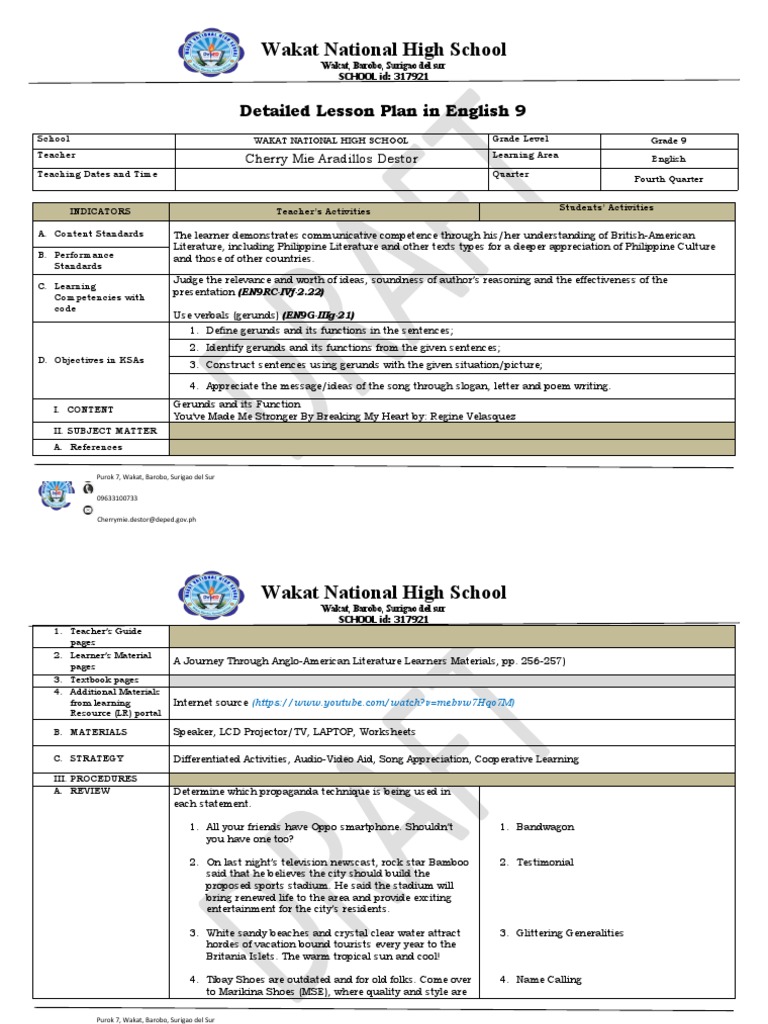 Lesson Plan in English 9 - Fourth Quarter | PDF | Lesson Plan | Teachers