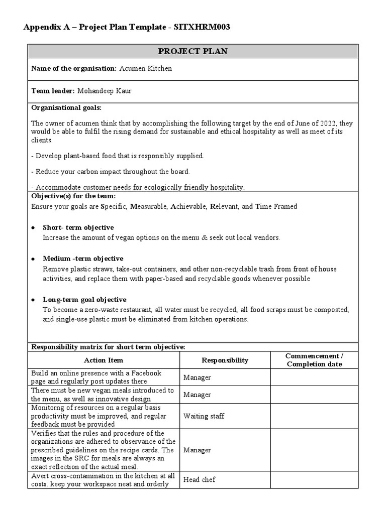 Appendix A - Project Plan Template - SITXHRM003 | PDF | Foods | Recycling