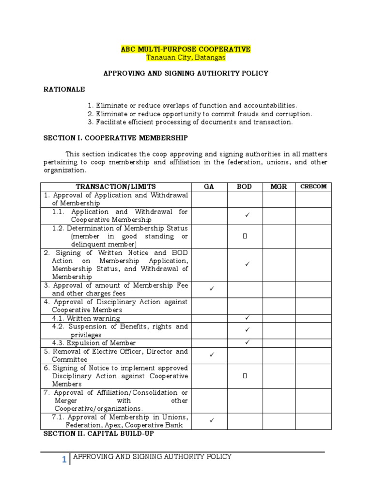 Abc Multi-Purpose Cooperative Approving and Signing Authority Policy ...