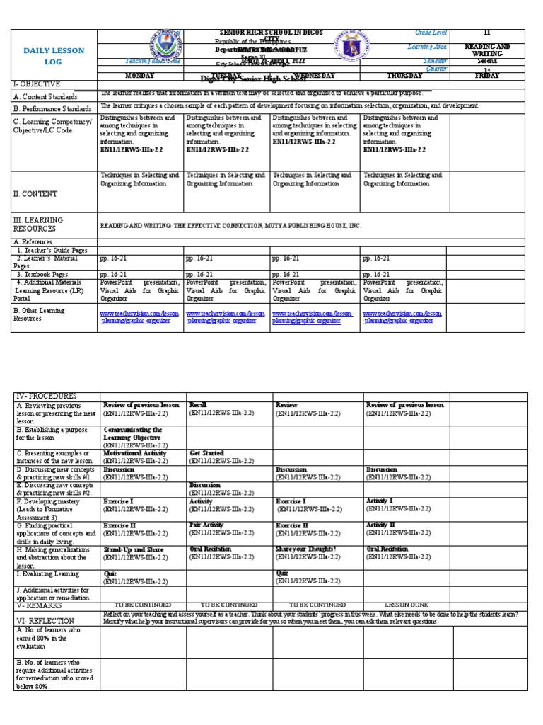 Week 4 DLL Reading and Writing | PDF | Teachers | Learning