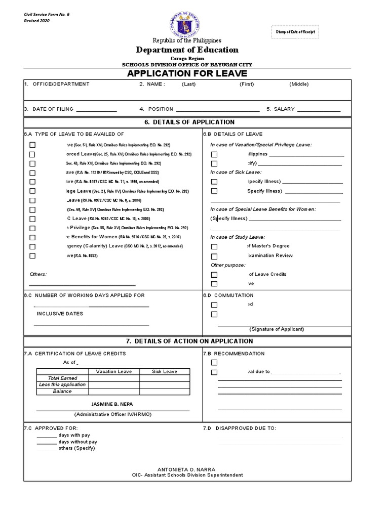 CS Form No. 6 Revised 2020 Application For Leave Fillable 1 | PDF ...