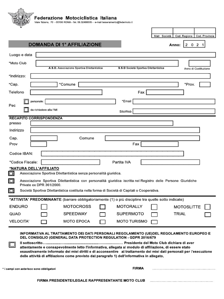 Modulo Domanda Prima Affiliazione 2021 | PDF