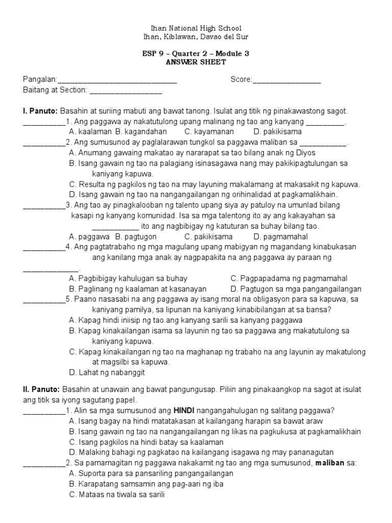 Answer Sheet Esp Week 3 Q2 | PDF