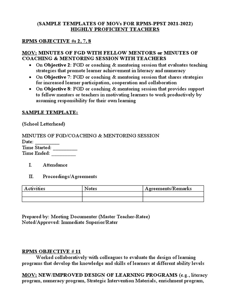 Sample Mov Templates | PDF | Mentorship | Teachers