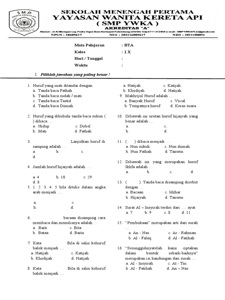 Soal BTA Kelas 1 X | PDF