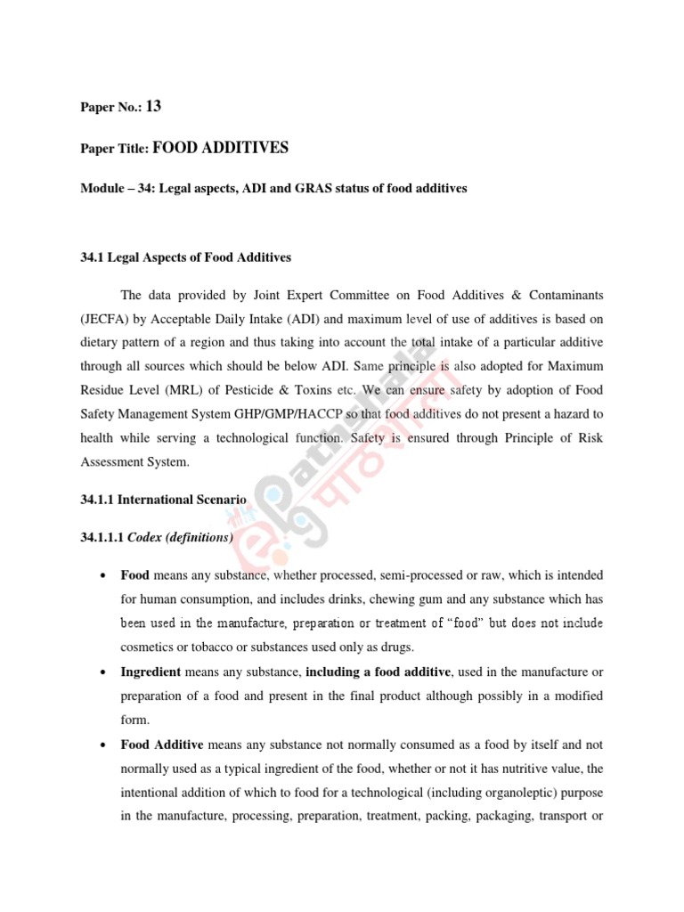 ADI and GRAS Status of Food Additives | PDF | Foods | Health Sciences