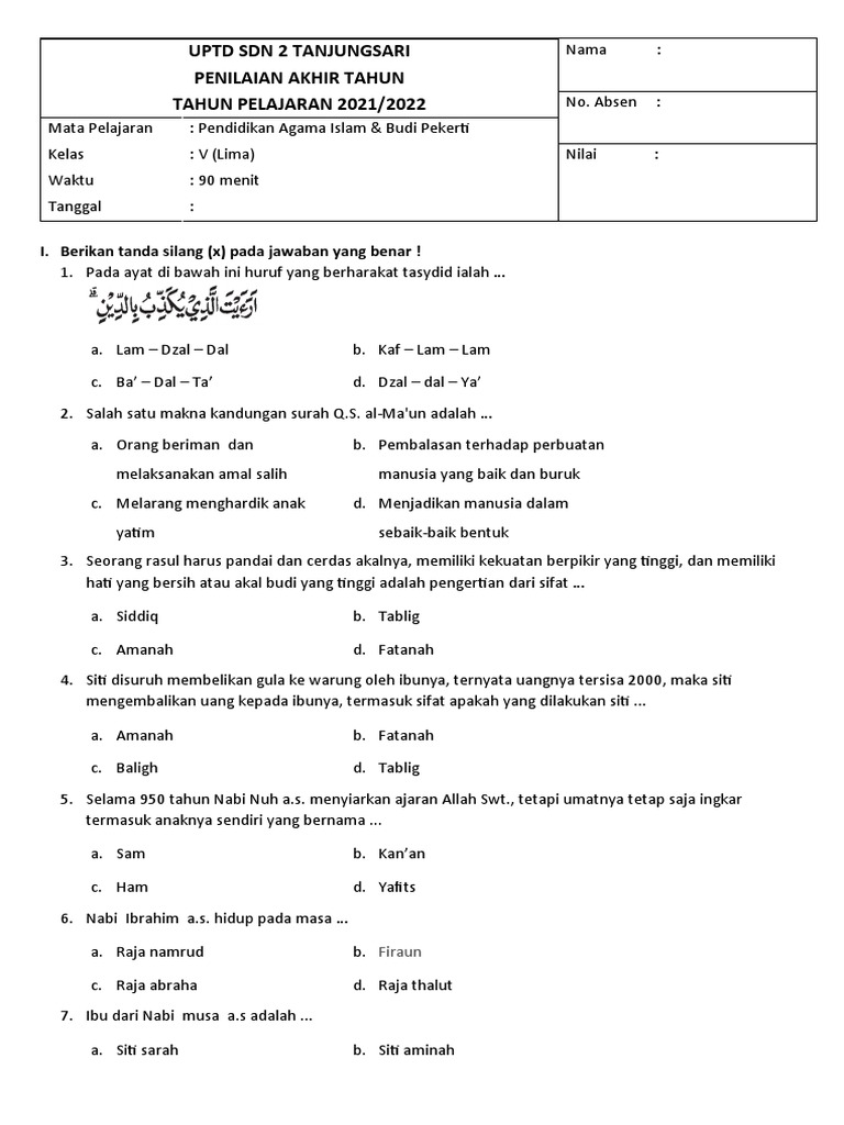 Soal PAT PAI Kelas 5 K13 | PDF