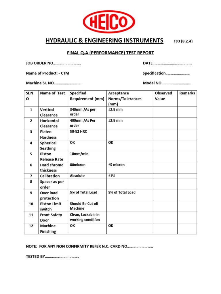 Performance Test Report for Machinery | PDF | Engineering Tolerance ...