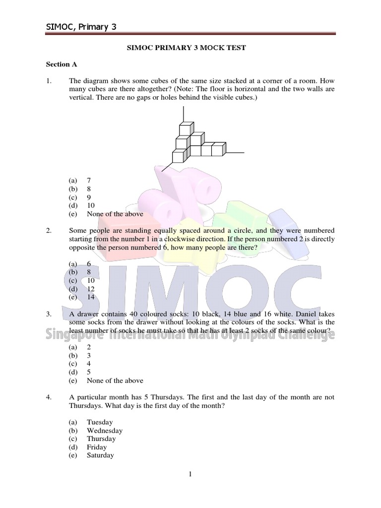Simoc Primary 3 Mock Test Section A | PDF | Rectangle | Geometry