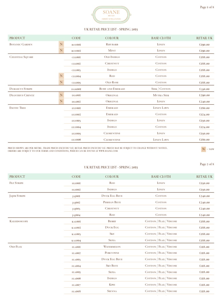 Fabrics and Wallpapers Price Lists (UK Retail) A4 Spring 2015 | PDF ...