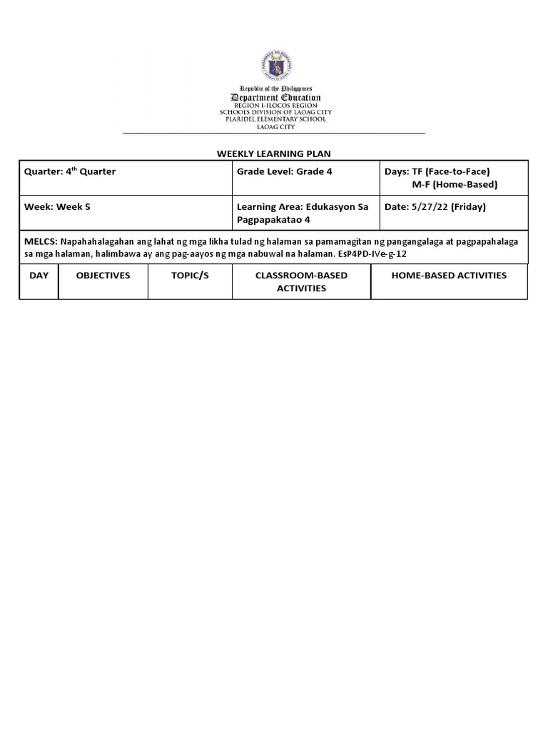 EsP 4 - WEEKLY LEARNING PLAN | PDF
