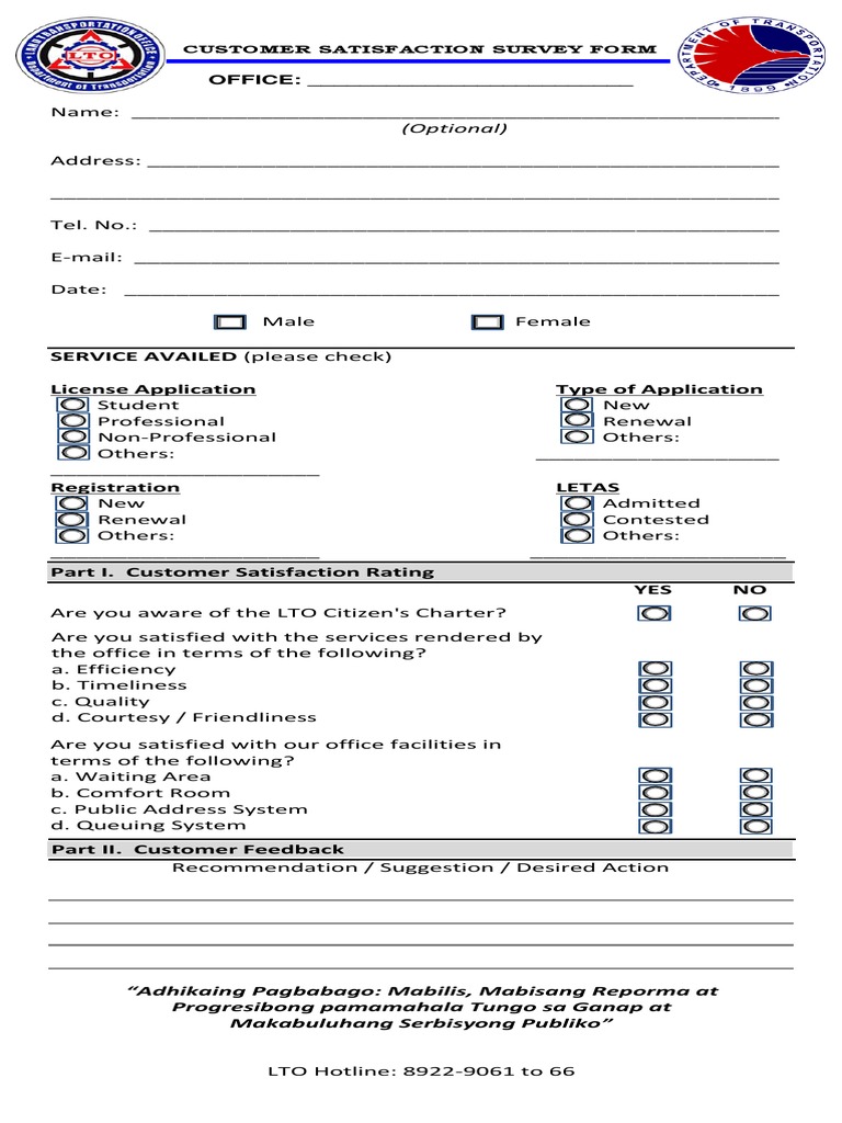 LTO Customer Survey Form | PDF | Business