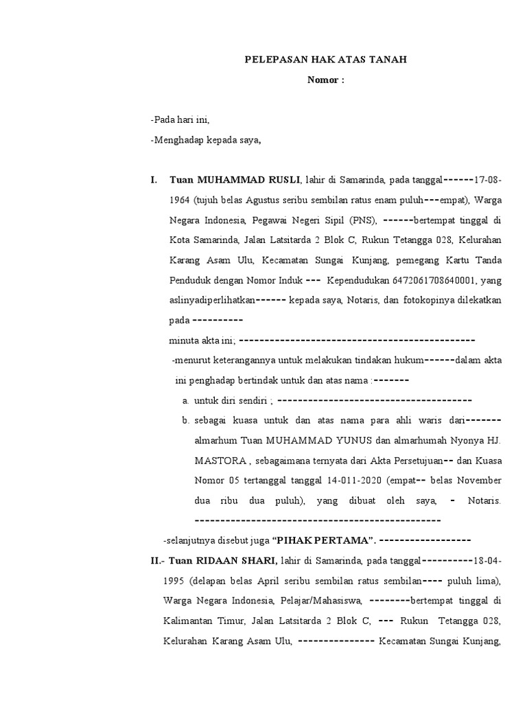 Draft Akta Pelepasan Hak Atas Tanah | PDF