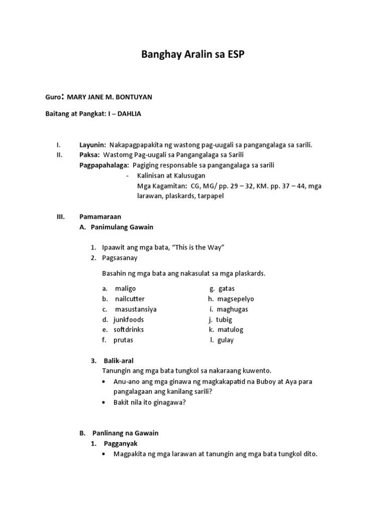 Banghay Aralin Sa ESP. | PDF