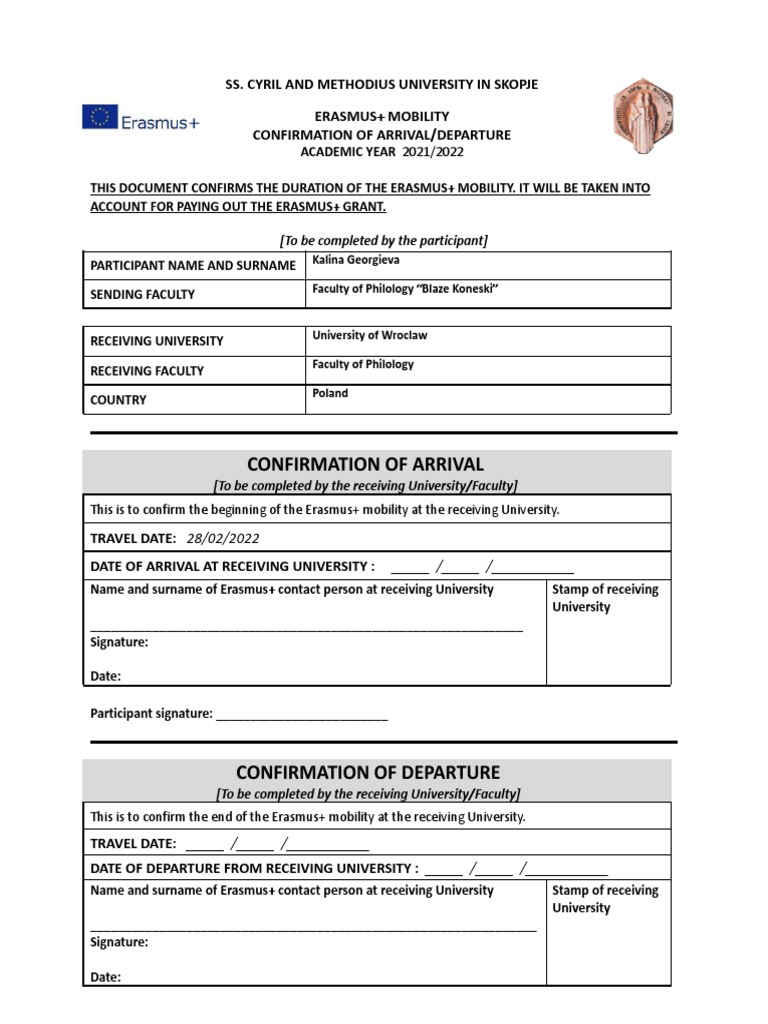 Confirmation of Arrival: (To Be Completed by The Participant) | PDF