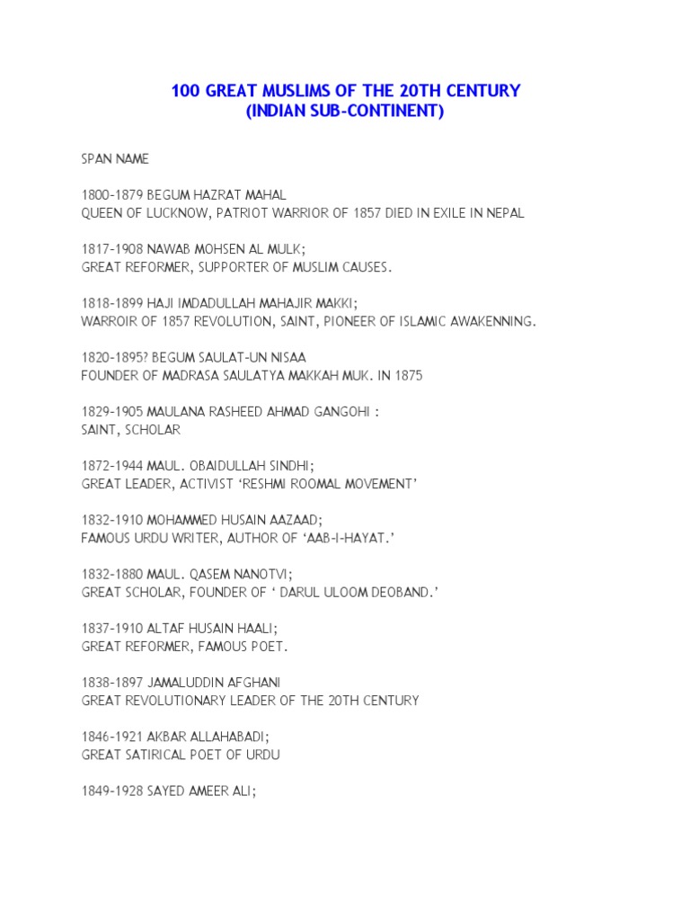 20th Century Great Muslims List | PDF | Religion And Belief