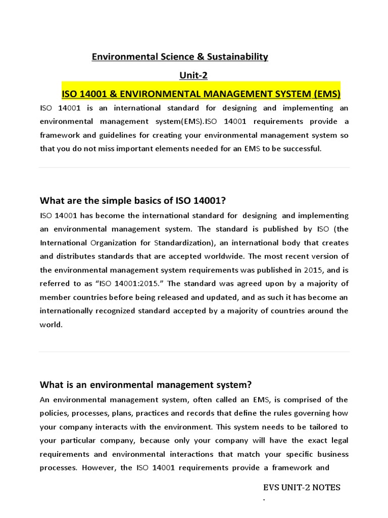 Environmental Science & Sustainability Unit-2 ISO 14001 & Environmental ...