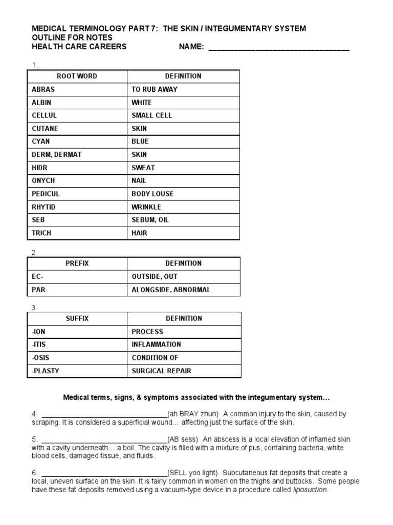 Medical Terminology Part 7: The Skin / Integumentary System Outline For ...
