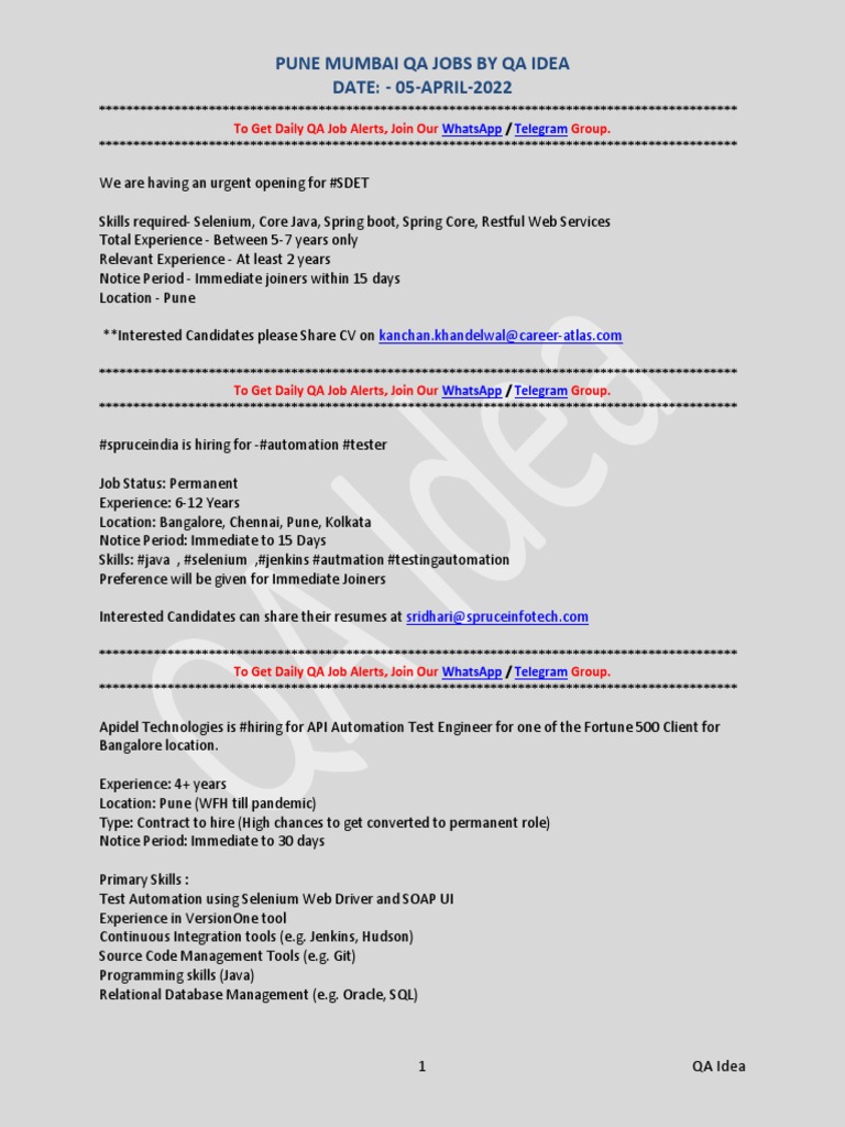 Pune Mumbai QA Jobs 05 April 2022 | PDF | Selenium (Software) | Software Development
