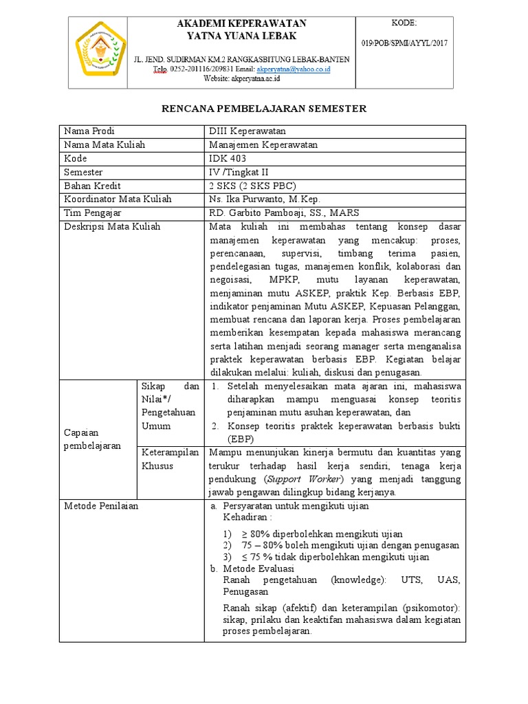 RPS GENAP Manajemen Keperawatan 2022 | PDF