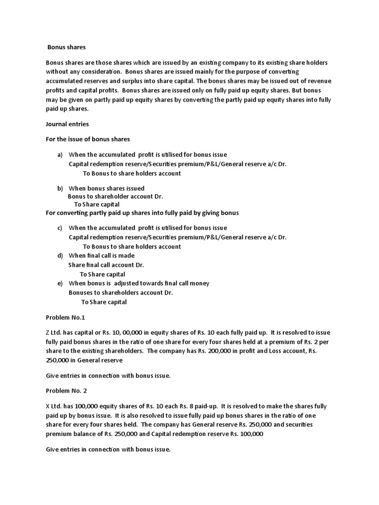 Journal Entries For The Issue of Bonus Shares | PDF | Equity (Finance ...