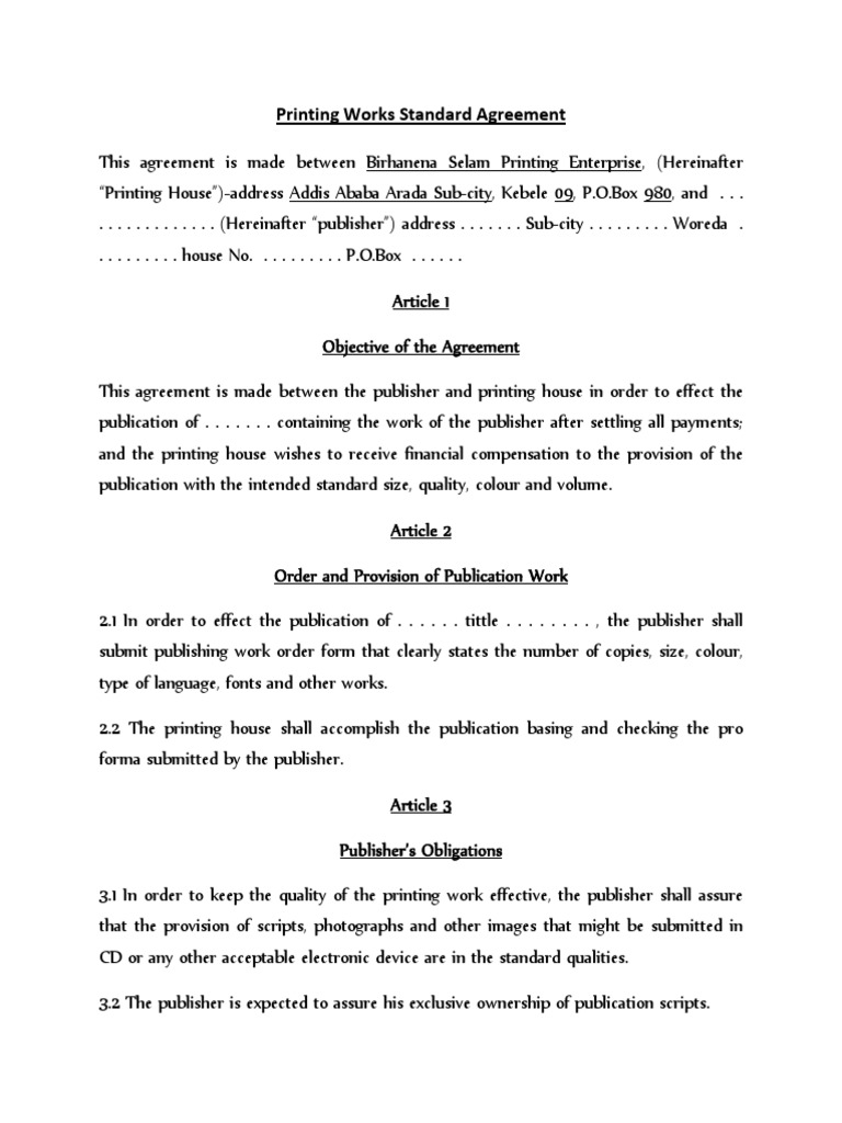 Printing Works Standard Agreement | PDF | Taxes | Payments