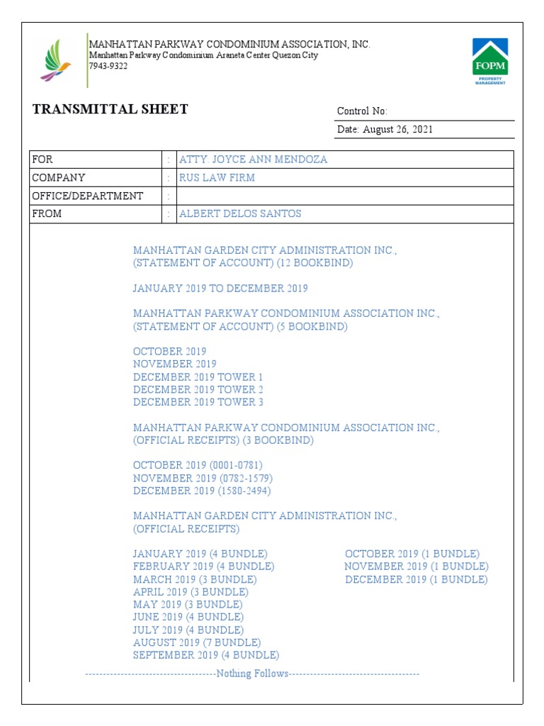 Transmittal Sheet: Control No: Date: August 26, 2021 FOR: Company ...