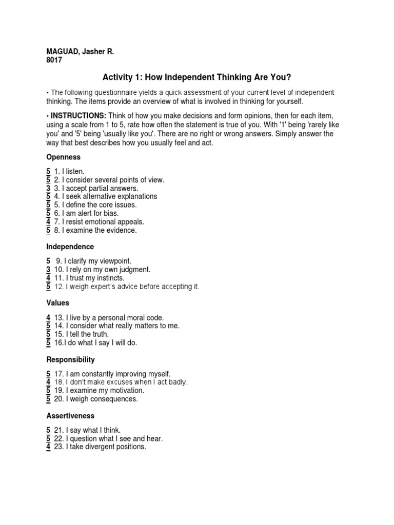 Independent Thinking Assessment Quiz | PDF | Thought | Truth