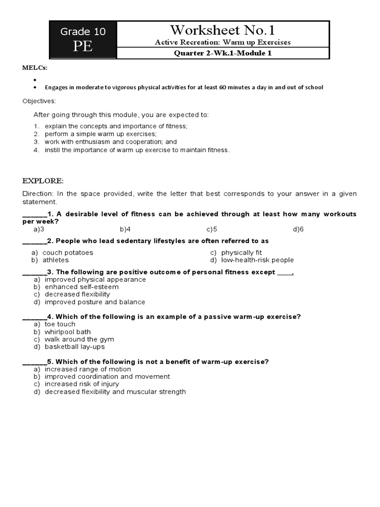 Worksheet No.1: Grade 10 | PDF | Physical Fitness | Foot