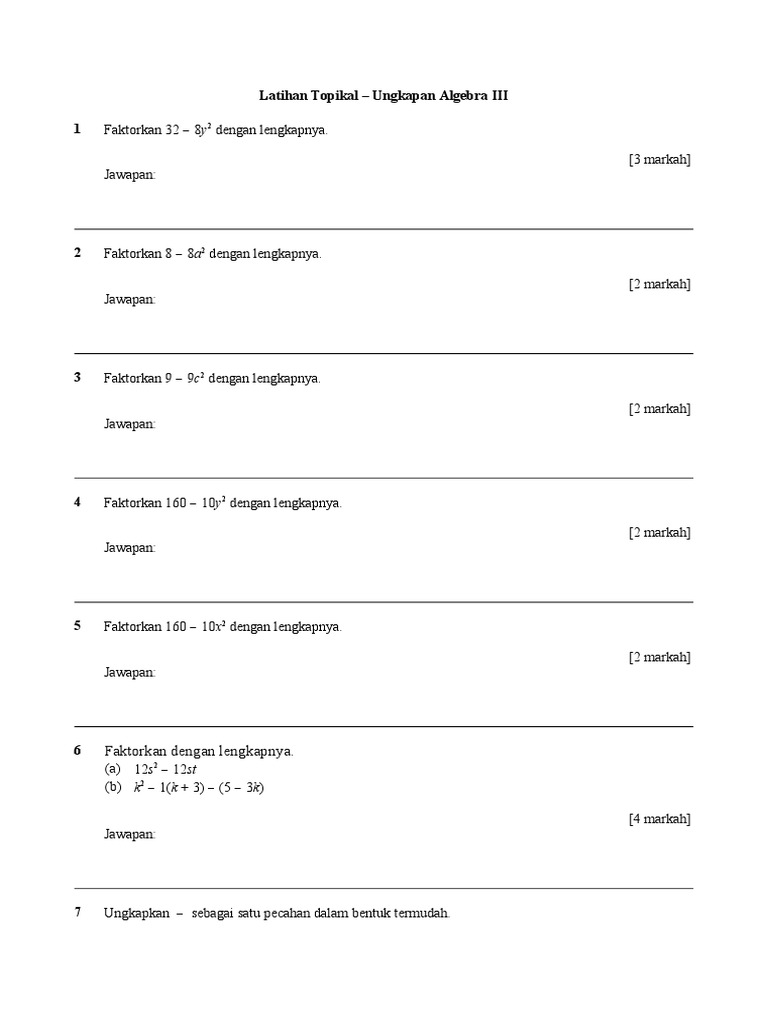 Latihan Topikal Ungkapan Algebra III | PDF