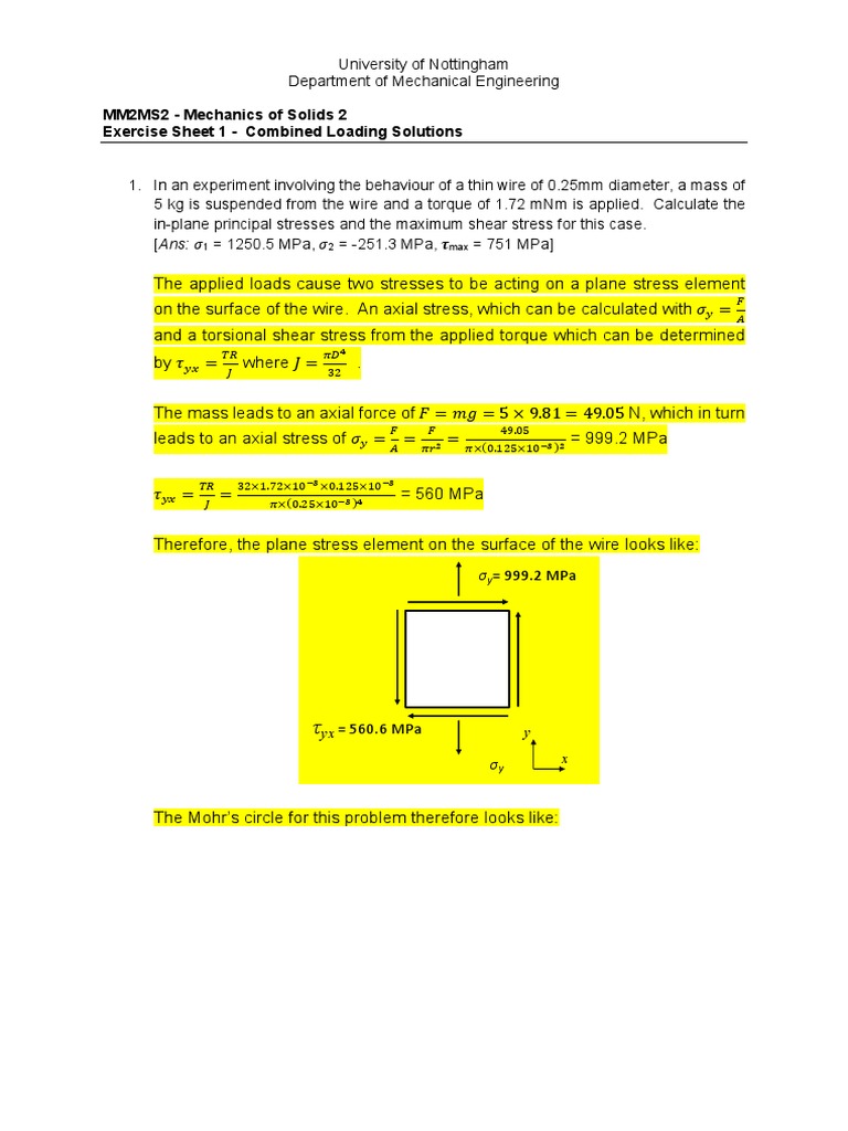 Combined Loading Exercise Sheet Solutions | PDF | Stress (Mechanics ...