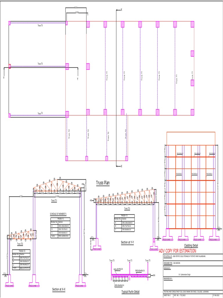 Structural diagram of a multi-truss system showing truss configurations ...