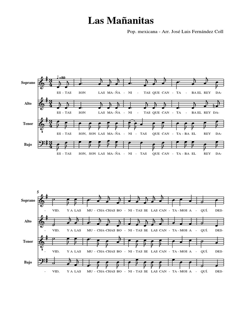 Partitura Coral de "Las Mañanitas" | PDF | Música vocal | Musica coral