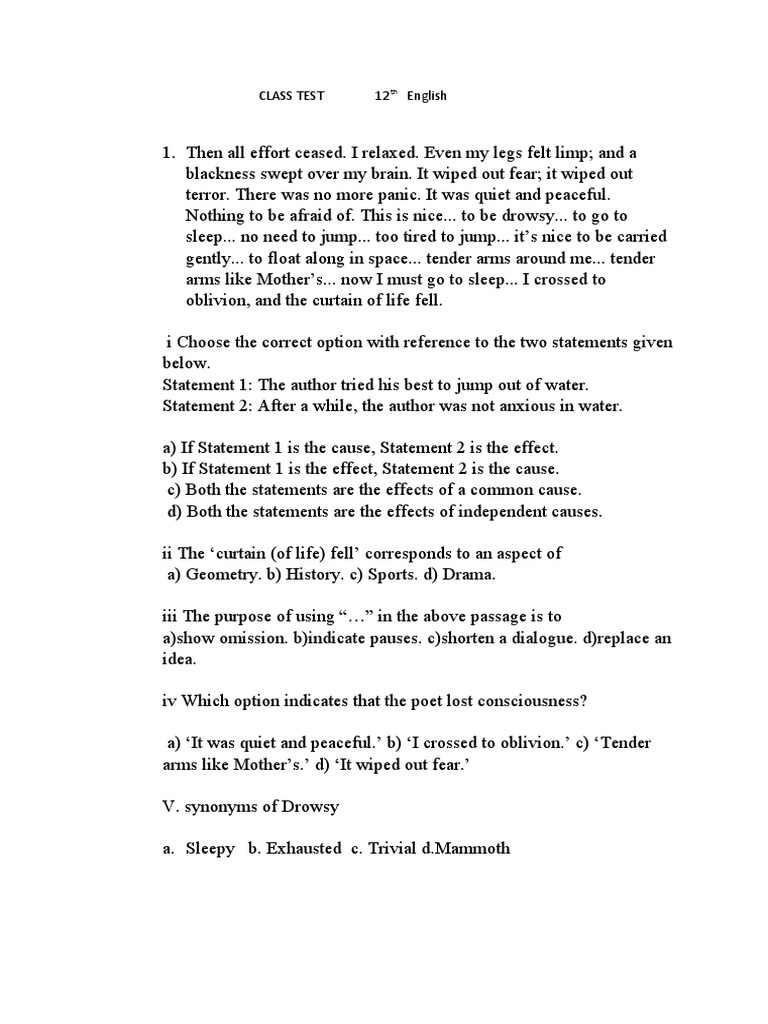 CLASS TEST 12th English | PDF