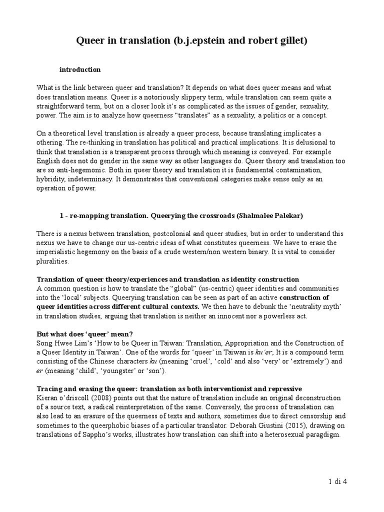 Queer in Translation (B.j.epstein and Robert Gillet) | PDF ...