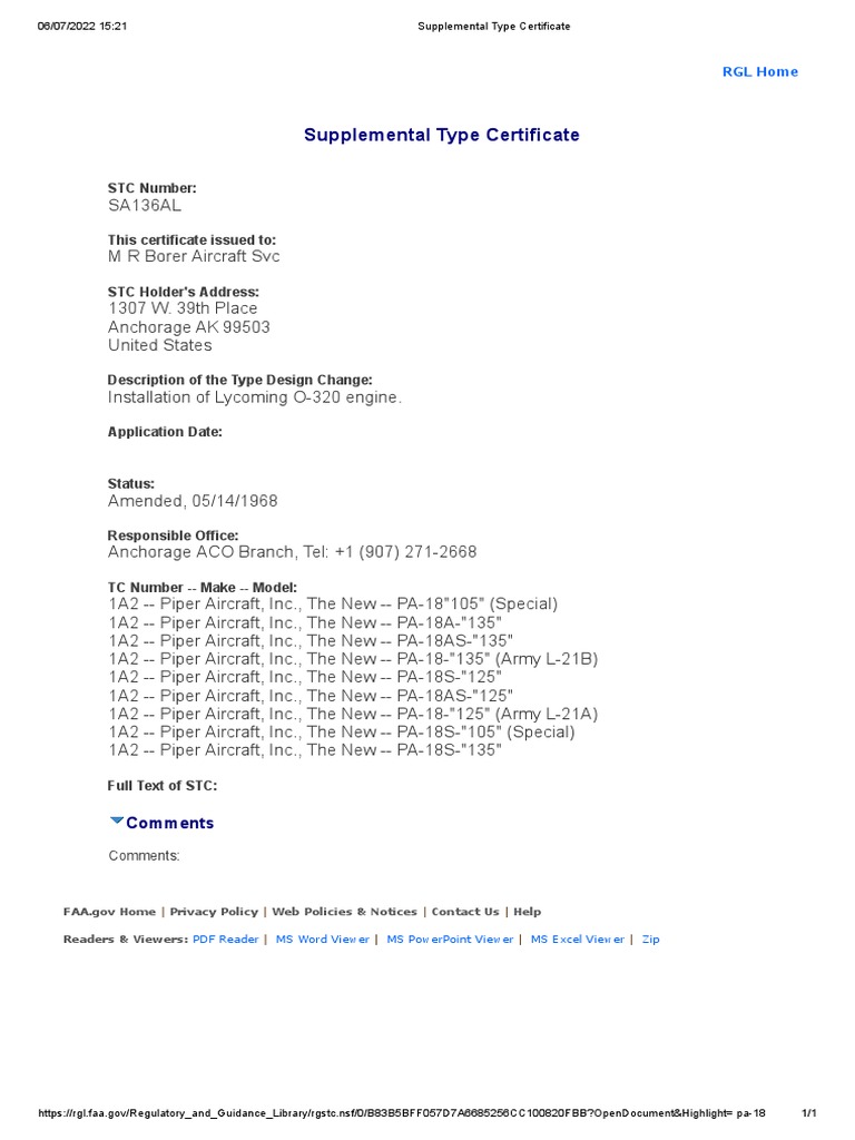 Supplemental Type Certificate: STC Number | PDF