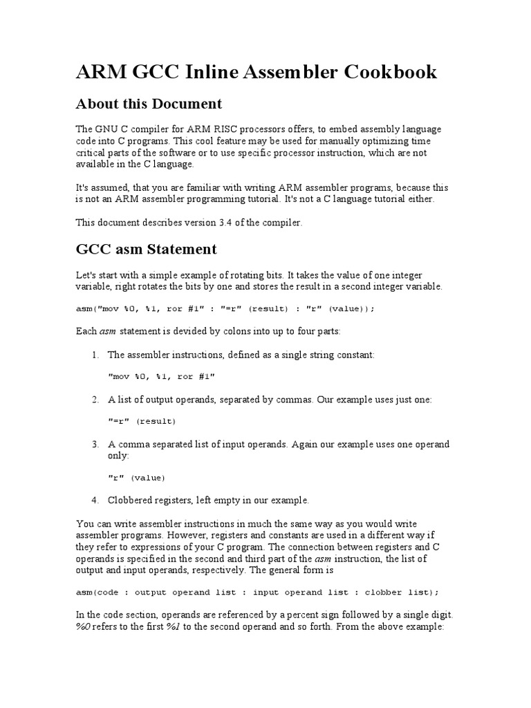 ARM GCC Inline Assembler Cookbook: About This Document | PDF | Assembly Language | Subroutine
