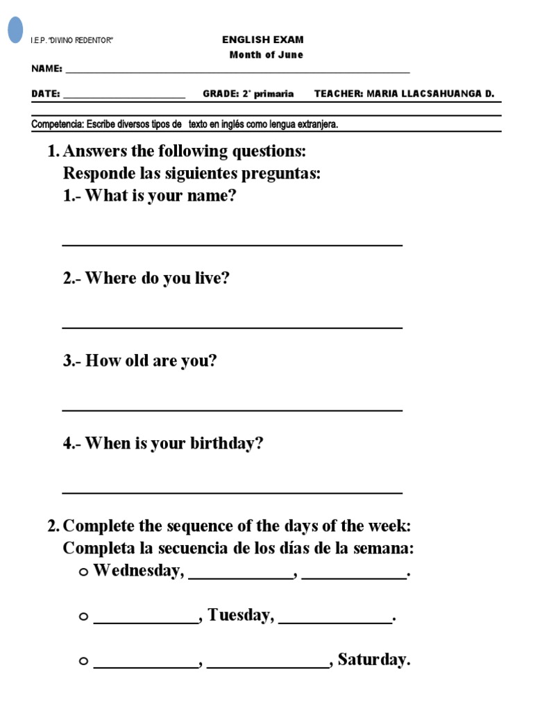 Exam of JUNE - 2° Grado | PDF