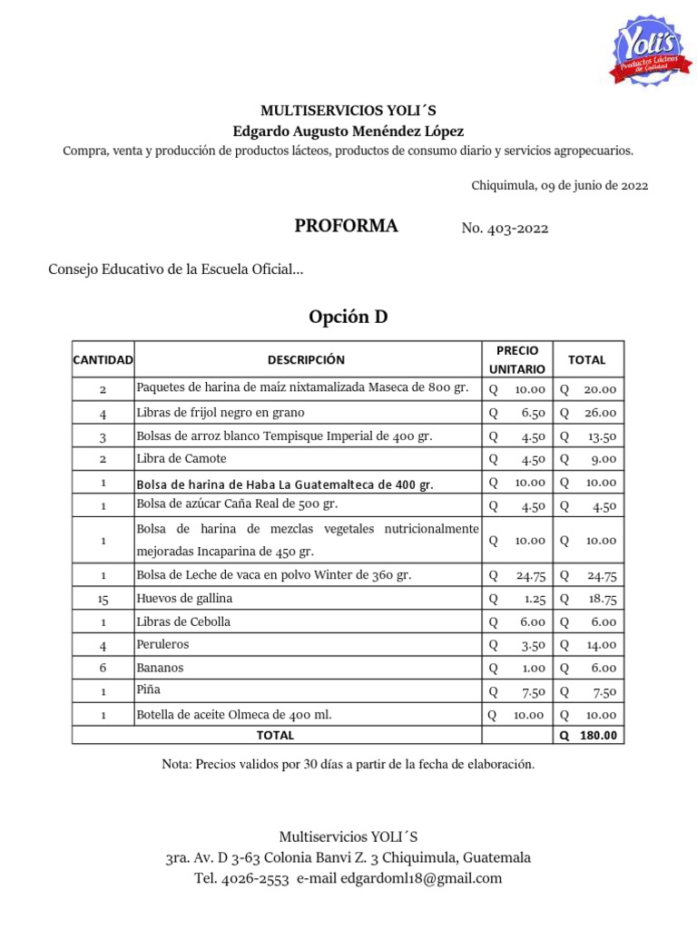 Proforma Opción D | PDF | Industria de alimentos | Alimentos basicos