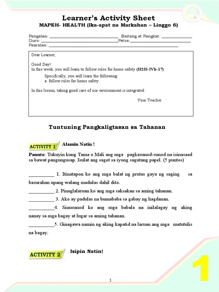 Learner's Activity Sheet: Tuntuning Pangkaligtasan Sa Tahanan | PDF
