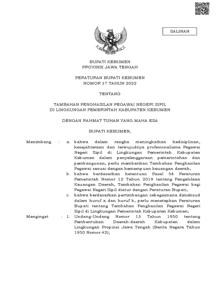 Tambahan Penghasilan PNS Kebumen 2022 | PDF