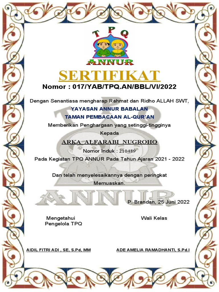 Sertifikat TPQ Annur 2021-2022 | PDF