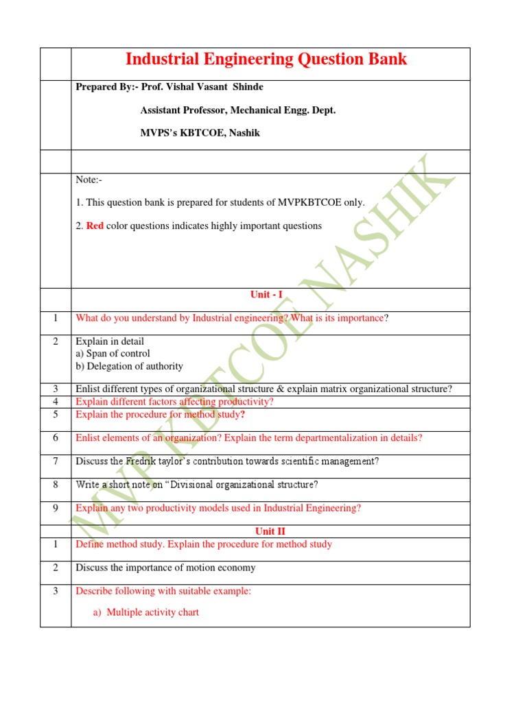 Industrial Engineering Question Bank Vishal Shinde Kbtcoe Nashik | PDF ...