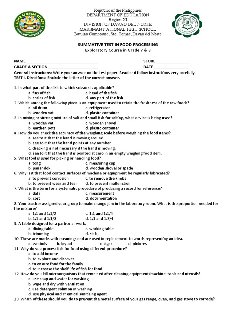 Summative Test in Food Processing: Exploratory Course in Grade 7 & 8 ...
