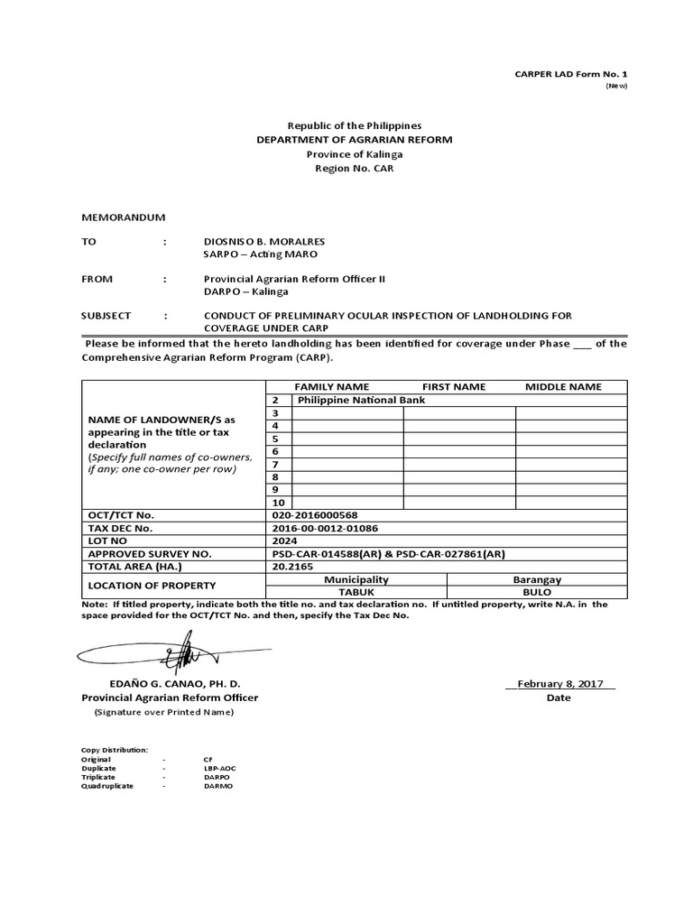 CARPER LAD Form No. 1, Memorandum | PDF | Land Management | Government