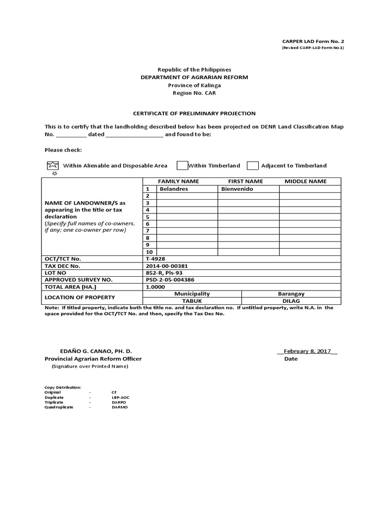 CARPER LAD Form No. 2 Certificate | PDF